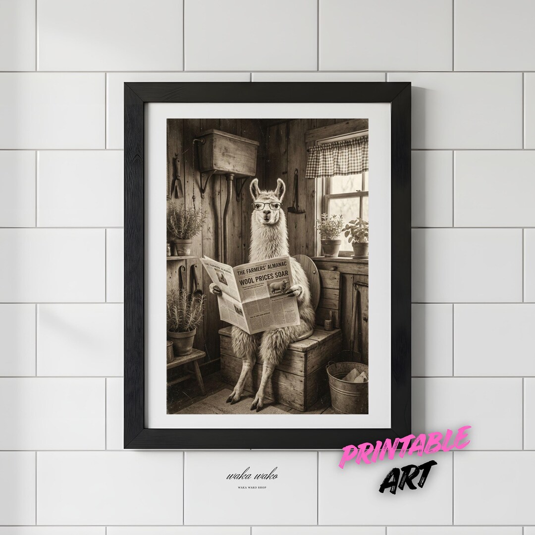 Funny Llama Reading Newspaper on Toilet Print, Vintage Farmhouse ...