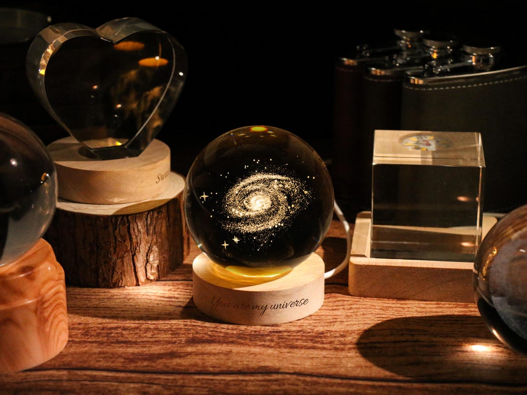 3D Inner Carving Lamp - Crystal Ball Solar System LED Light With Wooden ...