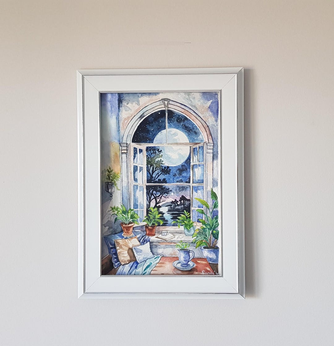 Moonlit Landscape Window Scene | Original Watercolor Artwork, Rolled ...
