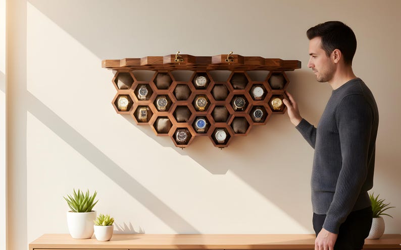 Rosewood Honeycomb Watch Box Organizer, Wall Mounted Display Case - Etsy