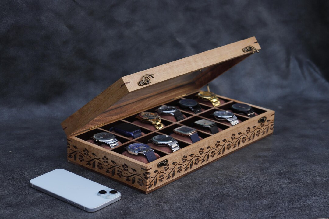 Handmade Wooden Watch Box With Glass Lid: Carved Floral Design, 6-slot ...