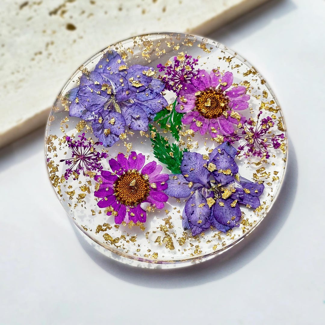 Handmade Resin Flower Coaster With Real Pressed Flowers & Gold Foil ...