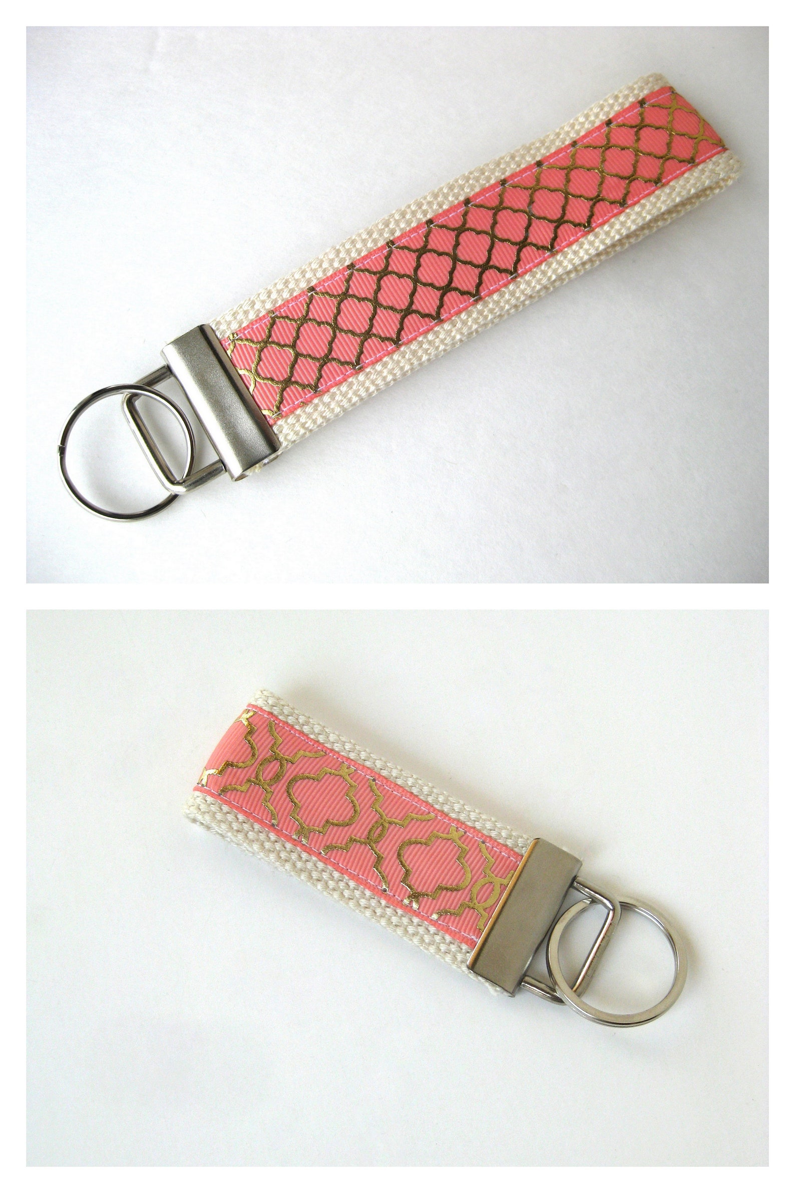 Coral and Gold Key Fob Womens Keychain Gold Quatrefoil KEY | Etsy