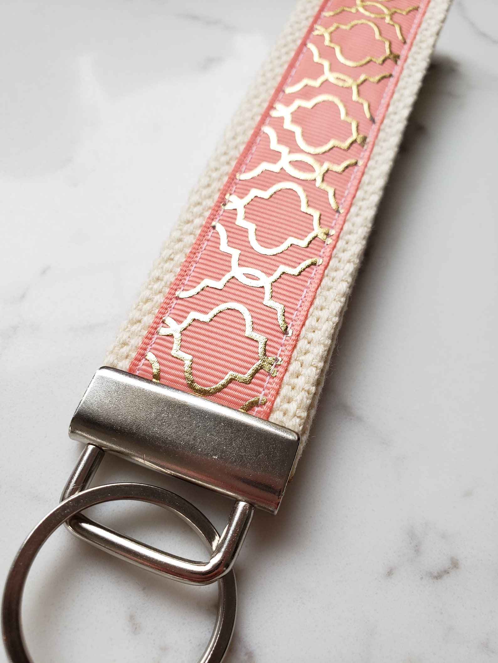 Coral and Gold Key Fob Womens Keychain Gold Quatrefoil KEY | Etsy