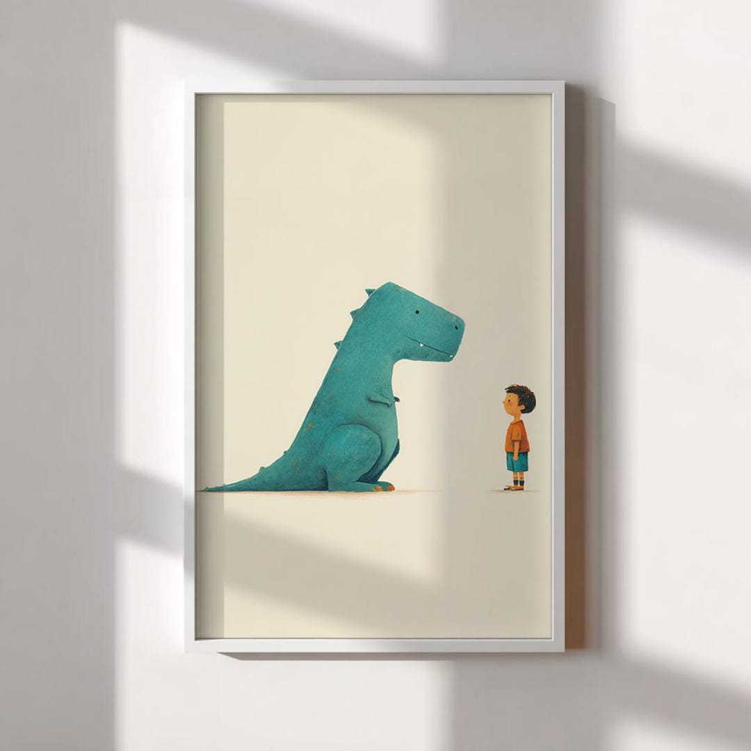 Friendly T-rex and Boy Dinosaur Print – Kids Wall Art for Nursery or ...