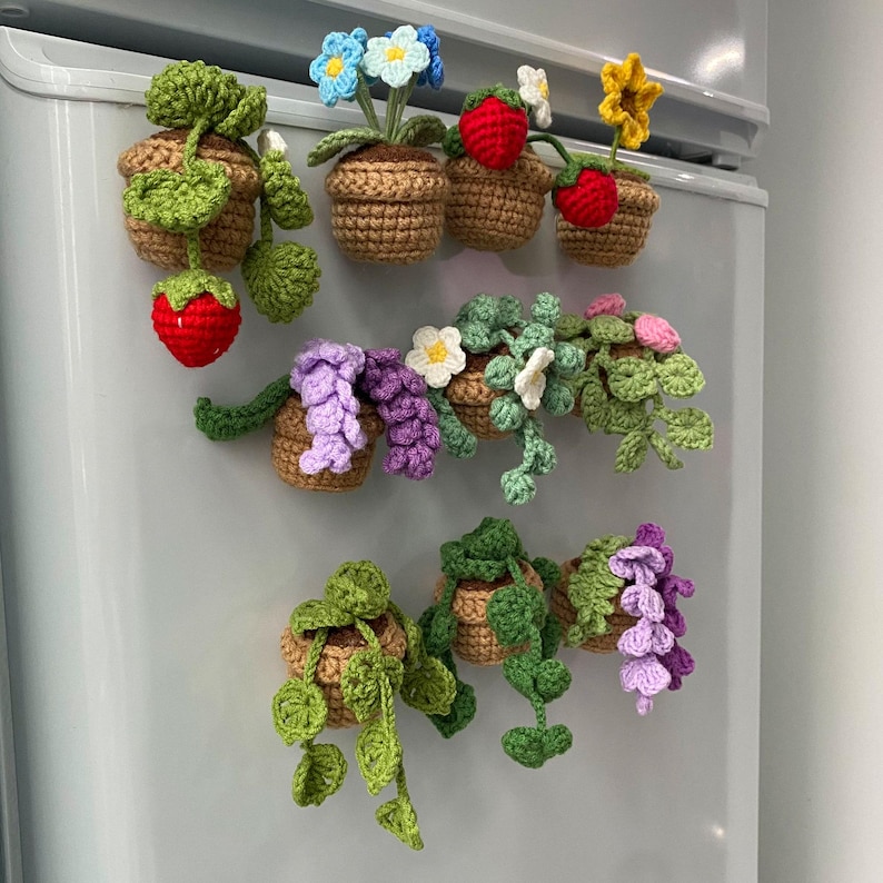 Crochet Plant Fridge Magnet, Crochet Flower Magnet Decor, Boho Kitchen ...