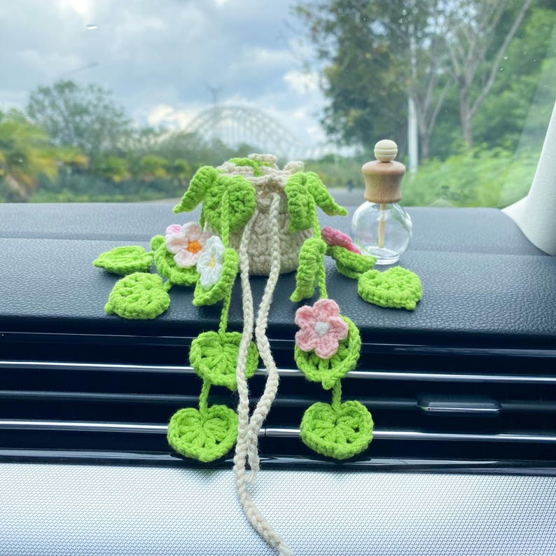 Crochet Car Air Freshener Diffuser, Handmade Plant Car Hanging With ...