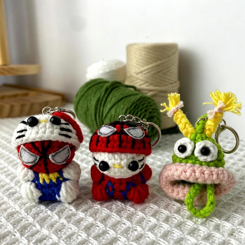 Handmade Crochet Keychain Set Kitty & Cute Monster Amigurumi Bag Charm ...