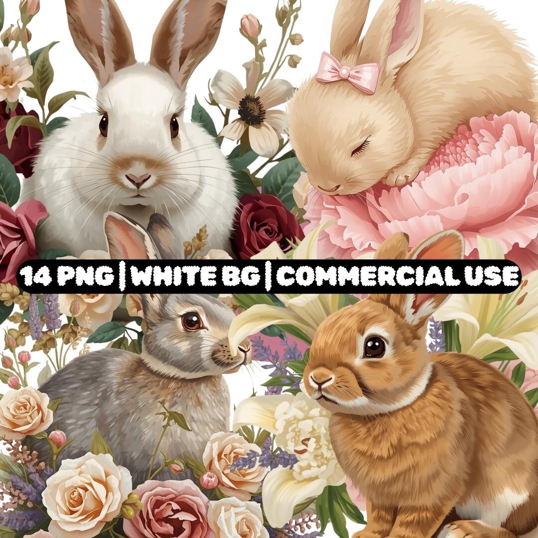 Easter Bunny Clipart Set, Floral Rabbits (14 PNG) - Etsy