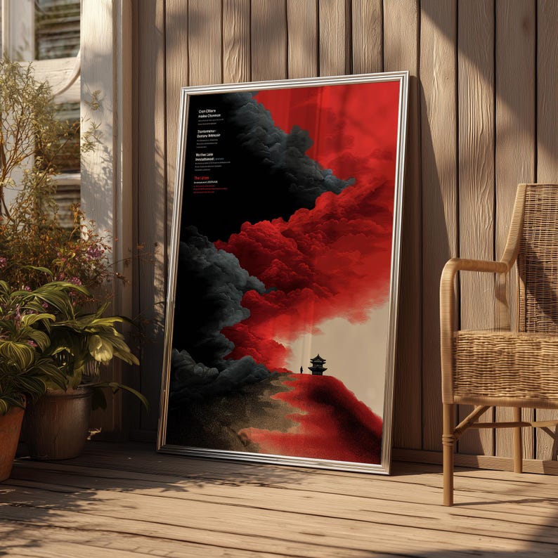 Japanese Temple Poster, Dramatic Red Sky Landscape, Asian Minimal Art ...