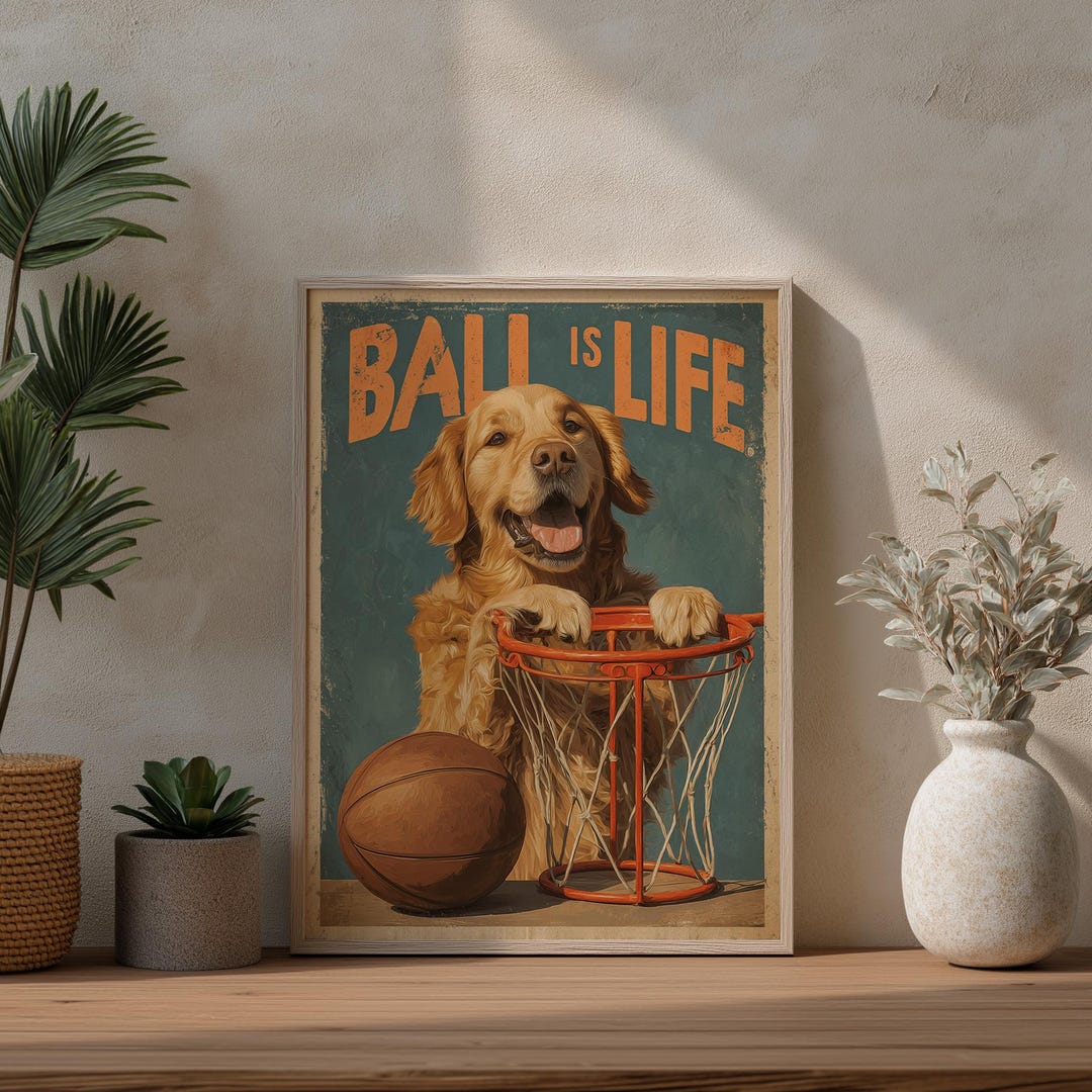 Golden Retriever Basketball Art Print: Retro Dog Lover Decor - Etsy