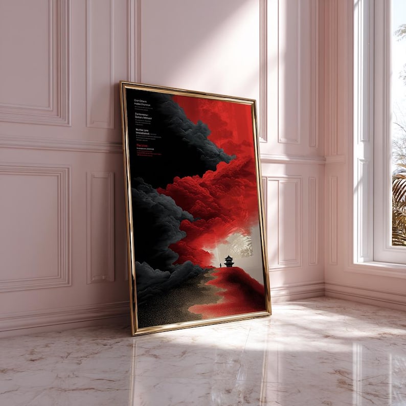 Japanese Temple Poster, Dramatic Red Sky Landscape, Asian Minimal Art ...