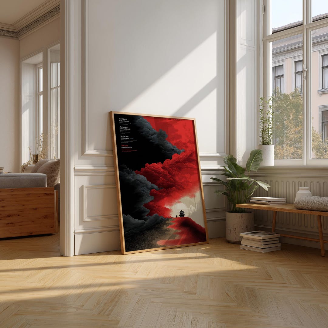 Japanese Temple Poster, Dramatic Red Sky Landscape, Asian Minimal Art ...