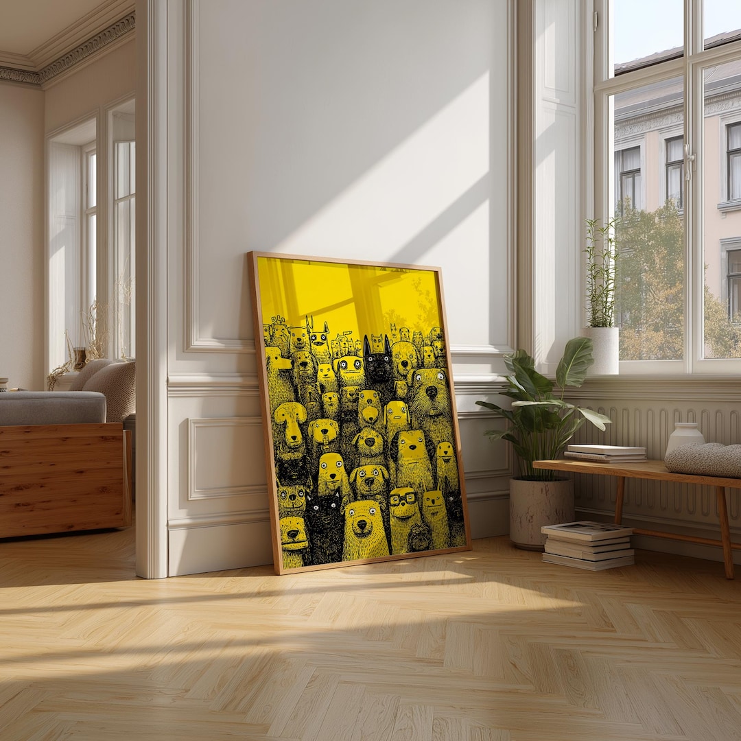Whimsical Dog Crowd Art Print, Quirky Yellow Dog Illustration, Playful ...