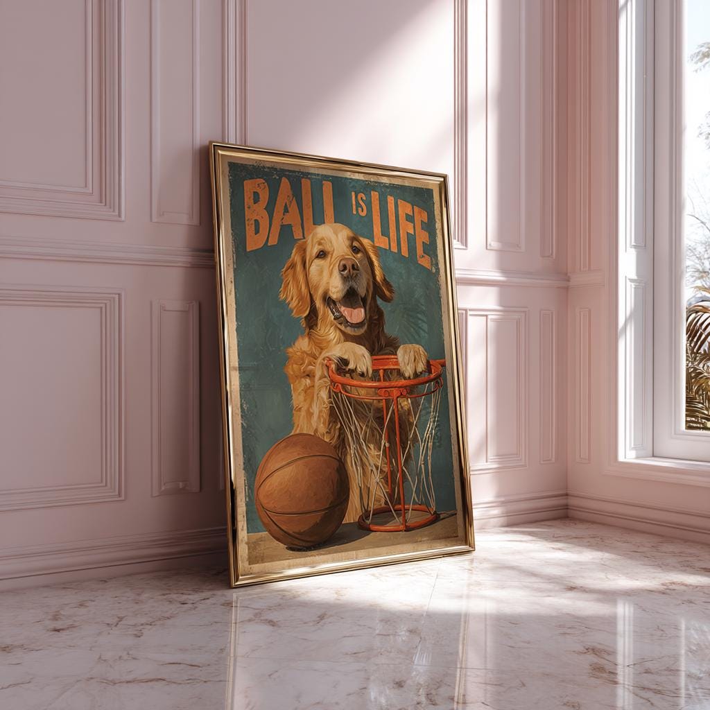 Golden Retriever Basketball Art Print: Retro Dog Lover Decor - Etsy