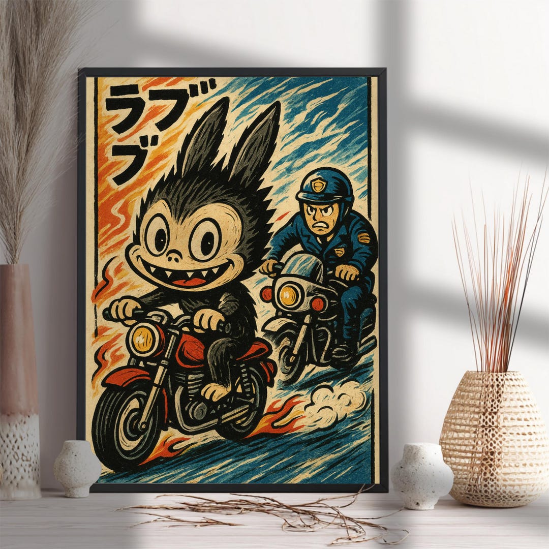Labubu Japanese Moto Art Print: Retro Motorcycle Chase (digital ...