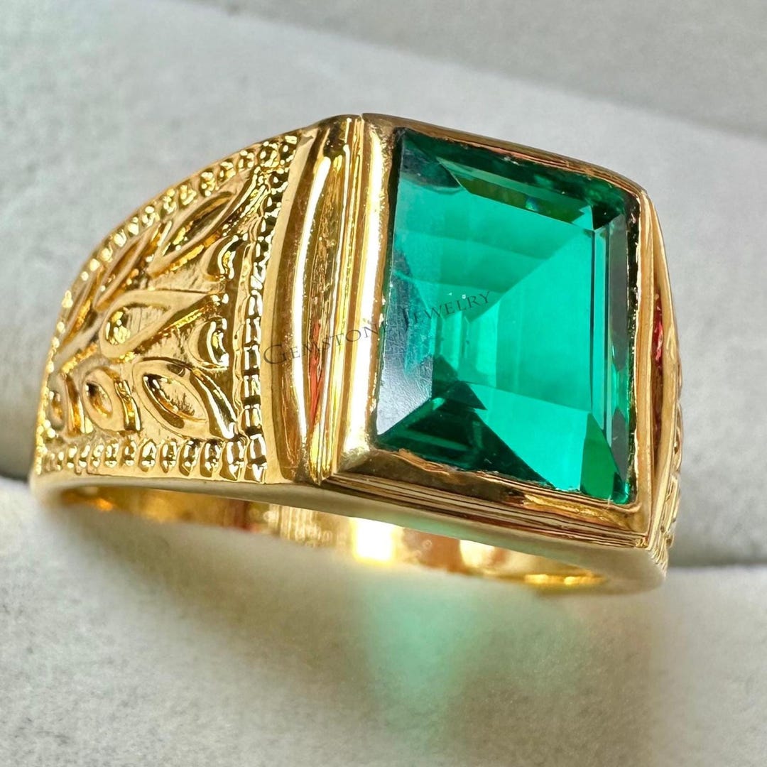 14K Yellow Gold Emerald Ring for Men: Art Deco Wedding Band - Etsy