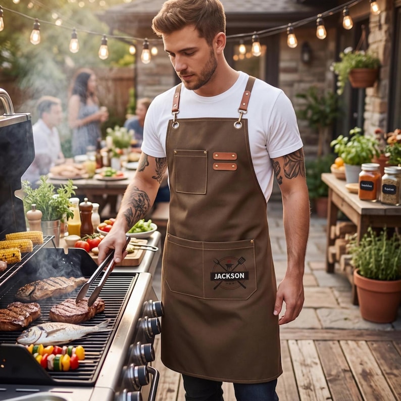 Customizable BBQ Apron: Durable Canvas Grilling Wear With Leather ...