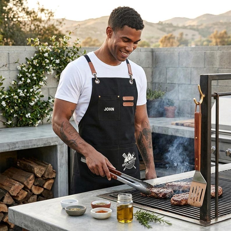 Customizable BBQ Apron: Durable Canvas Grilling Wear With Leather ...