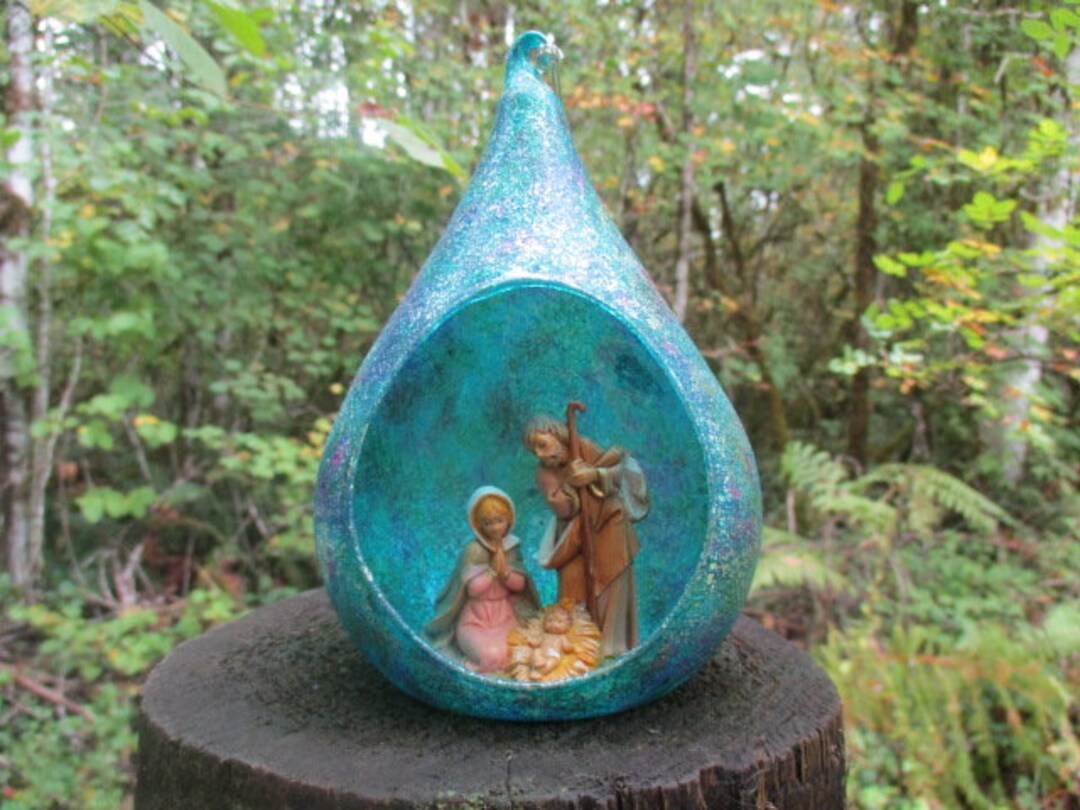 Exquisite Iridescent Glitter Teardrop Shape Nativity Ornament W/ Holy ...