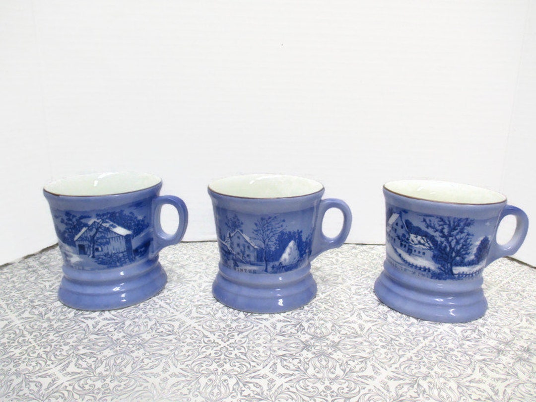 Set of 3 Currier & Ives Blue/white Homestead in Winter Mugs, Christmas ...