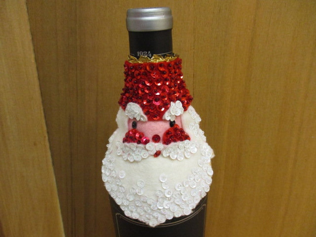 Set of 2 Sequined Santa Felt Wine Bottle Toppers, Gift Embellishment ...
