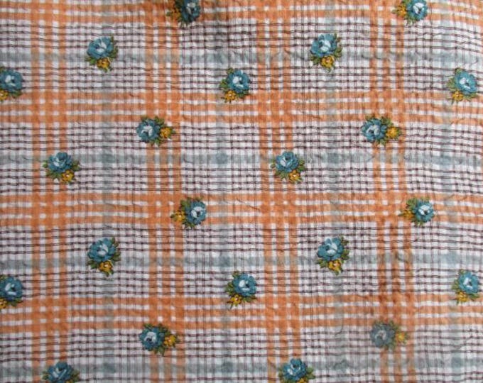 1950s Plaid Floral Cotton Plisse Seersucker Fabric, Peach/pale Blue ...