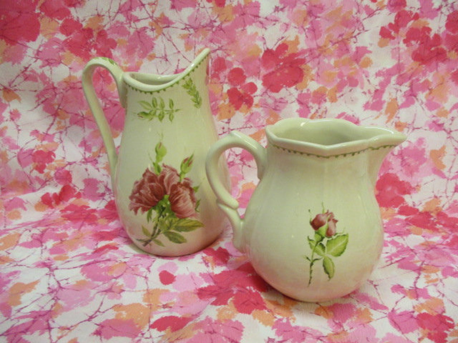 Beautiful Pottery Pitcher Set w/ Dusty Pink Rose Motif | Etsy