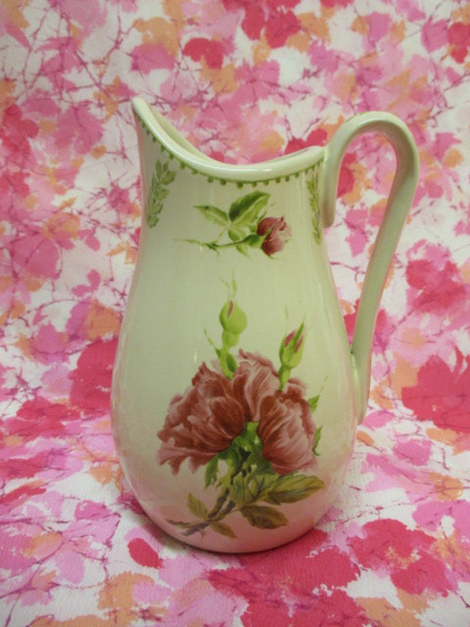 Beautiful Pottery Pitcher Set w/ Dusty Pink Rose Motif | Etsy