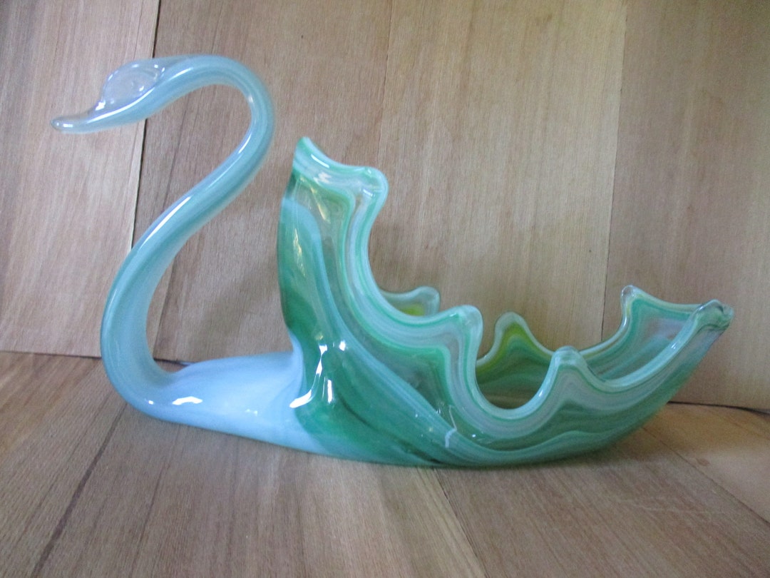 Marbled Green Art Glass Sooner Swan Display Bowl, Murano Style Swung ...