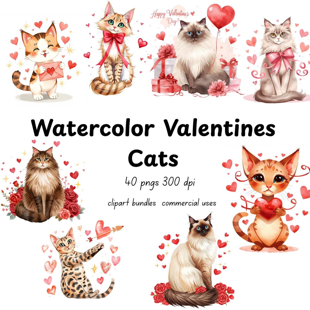 Watercolor Valentine Cat Clipart Bundle – 40 Love Cats PNG, Hearts ...
