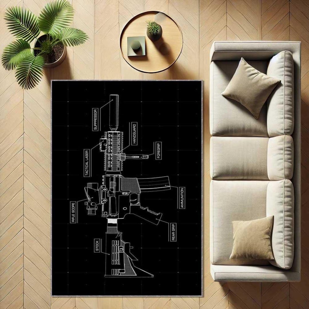 Tactical Blueprint Rug, Military Schematic Art Carpet, Technical Line ...
