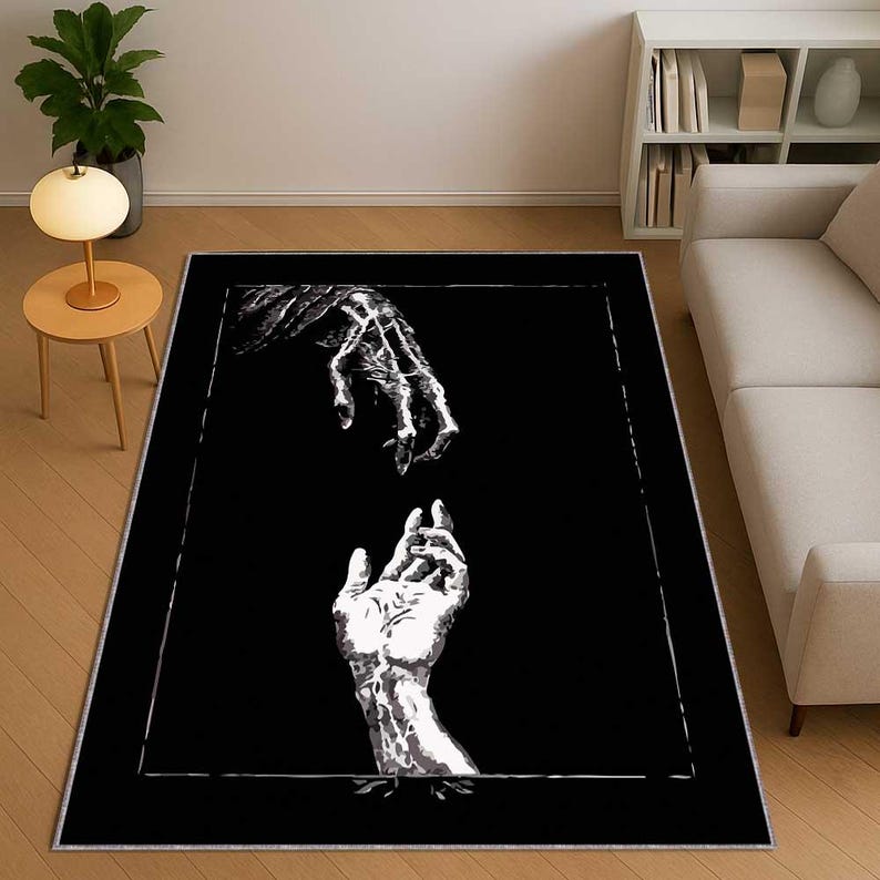 Dark Art Hands Rug, Minimal Black and White Abstract Carpet, Emotional ...