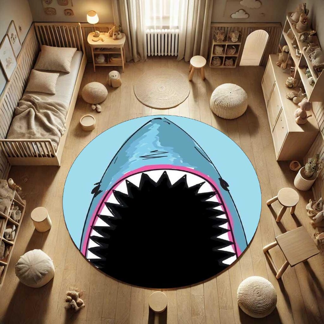 Shark Nursery Round Rug, Shark Mouth Pattern Kids Rug, Ocean Theme Baby ...