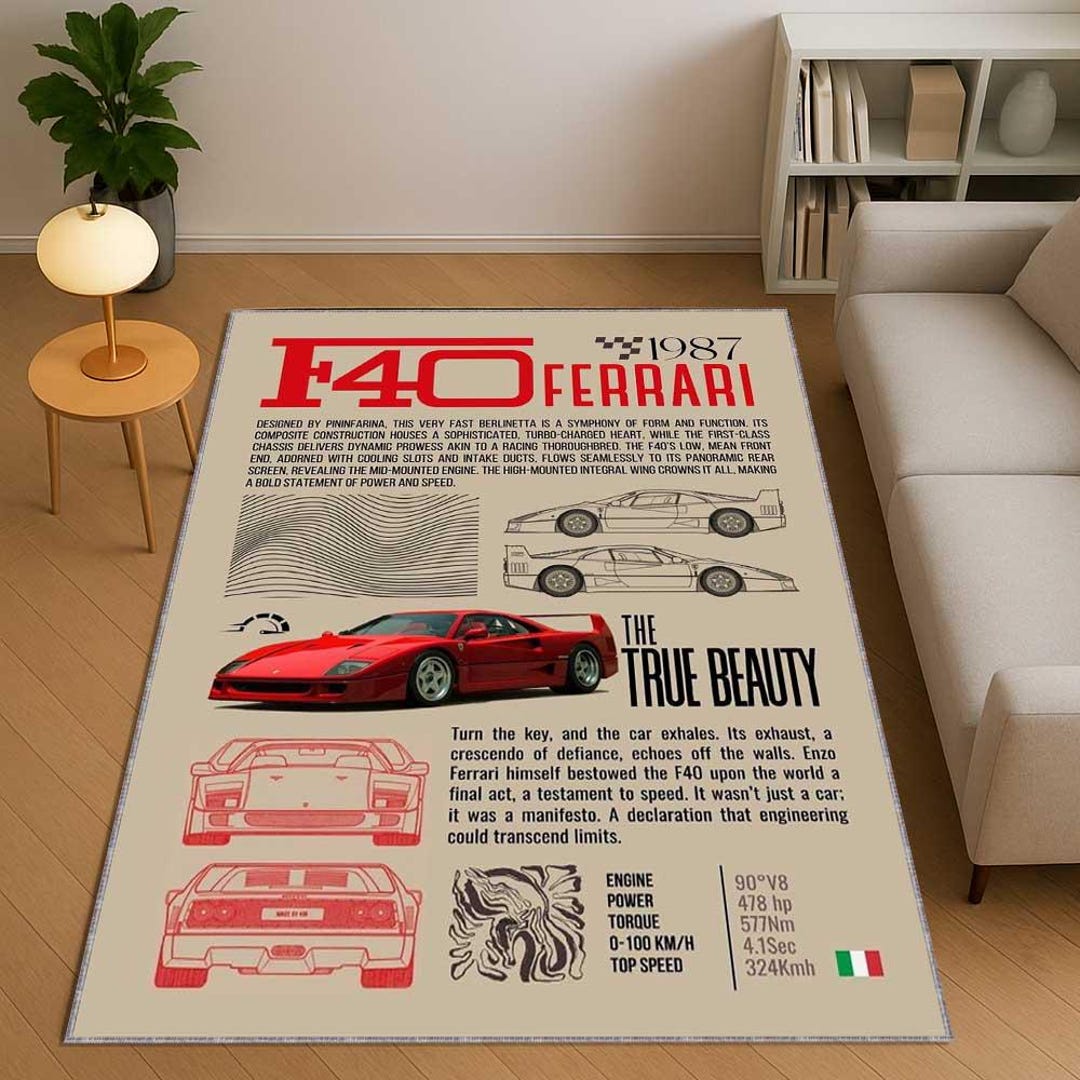 Ferrarif40 Poster Rug, Vintage Supercar Area Rug, Retro Car Enthusiast ...