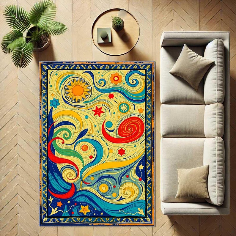 Starry Night Rug, Van Gogh Inspired Carpet, Yellow Sun Abstract Starry ...