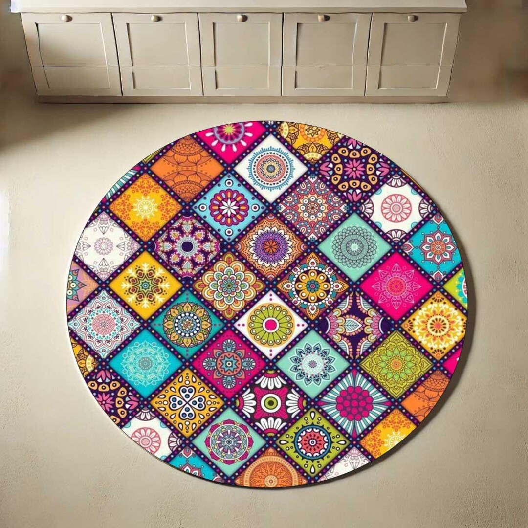 Moroccan Mandala Round Rug, Tile Pattern Boho Rug, Ceramic Style Floor ...