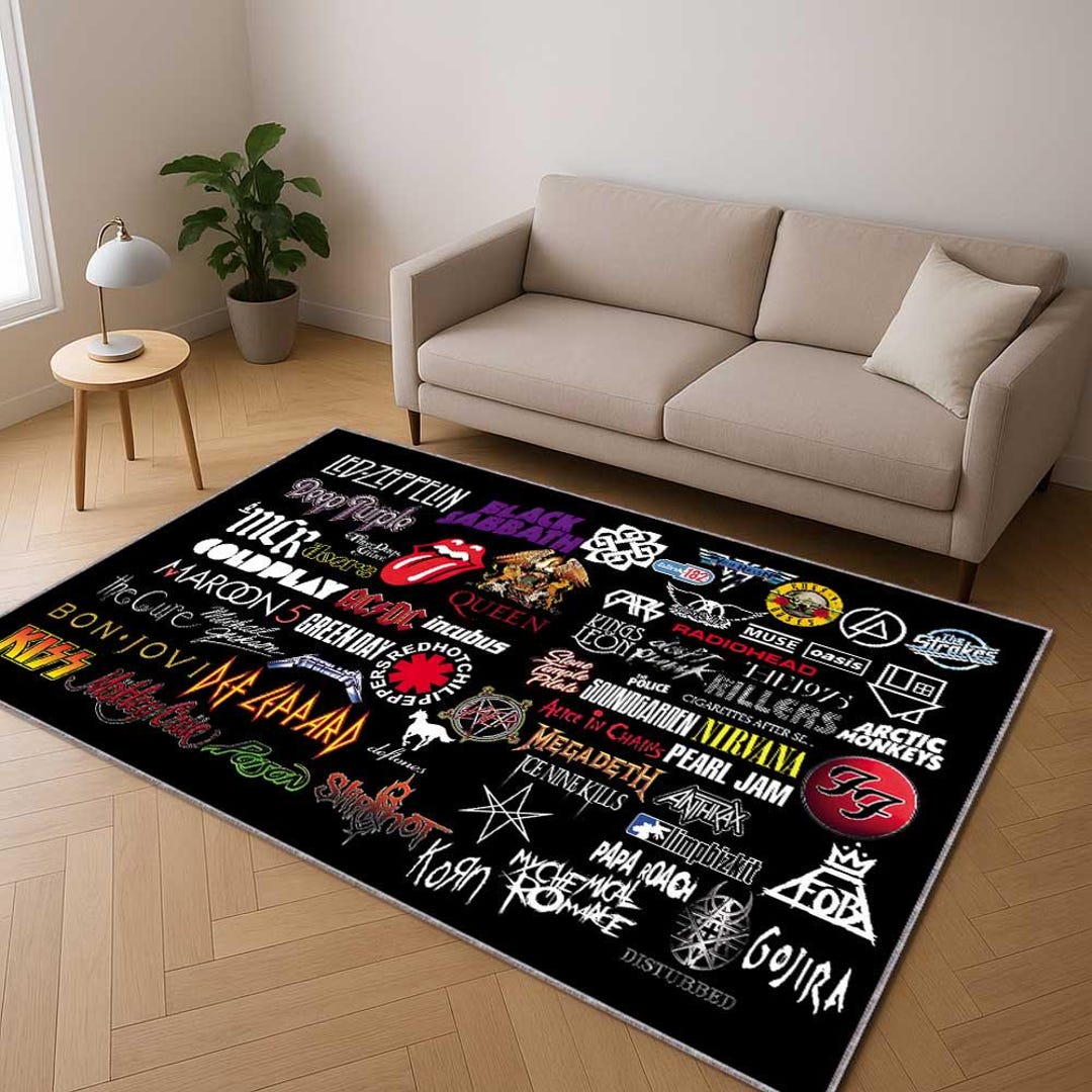 Rock Band Logos Area Rug, Music Band Carpet, Mancave Rock Decor Rug ...