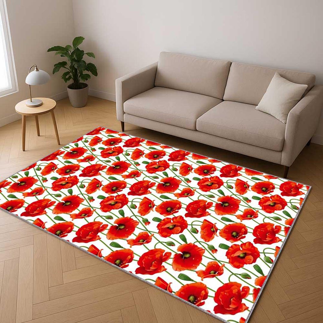 Red Poppy Flower Rug, Wavy Floral Pattern Carpet, Botanical Art Area ...