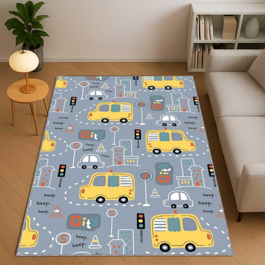 Kids Car Play Rug, Road Map Nursery Rug, Toddler Play Mat With Bus ...