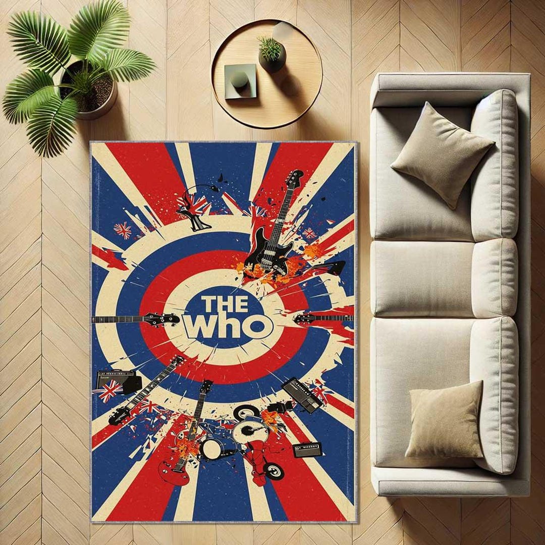 British Rock Area Rug, Union Jack Music Rug, Retro Rock Guitar Rug ...