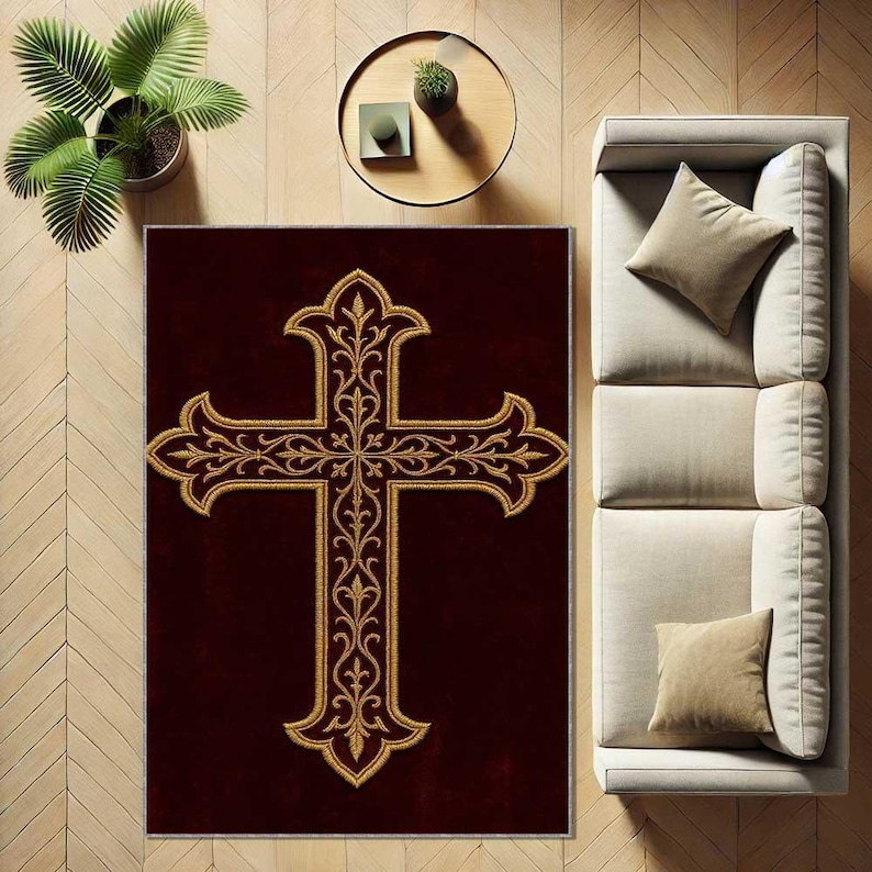 Gold Cross Christian Prayer Rug, Religious Area Rug, Church Decor Floor ...