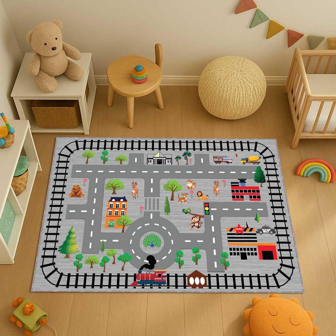 Road Rug, Animal City Map Carpet, Train Track Playroom Toddler Car Rug ...