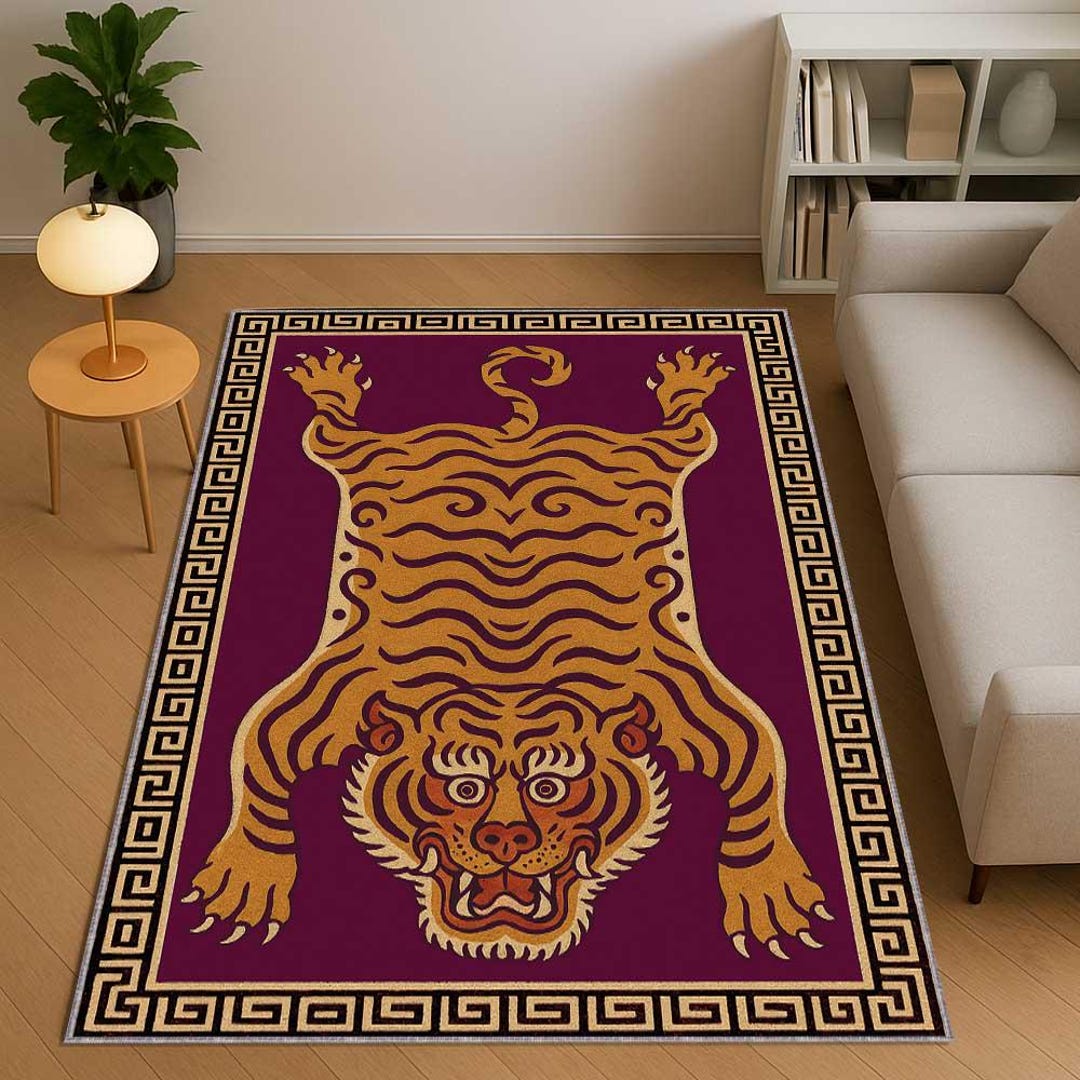 Tibetan Tiger Rug, Bold Maroon Print Carpet, Oriental Boho Accent Rug ...