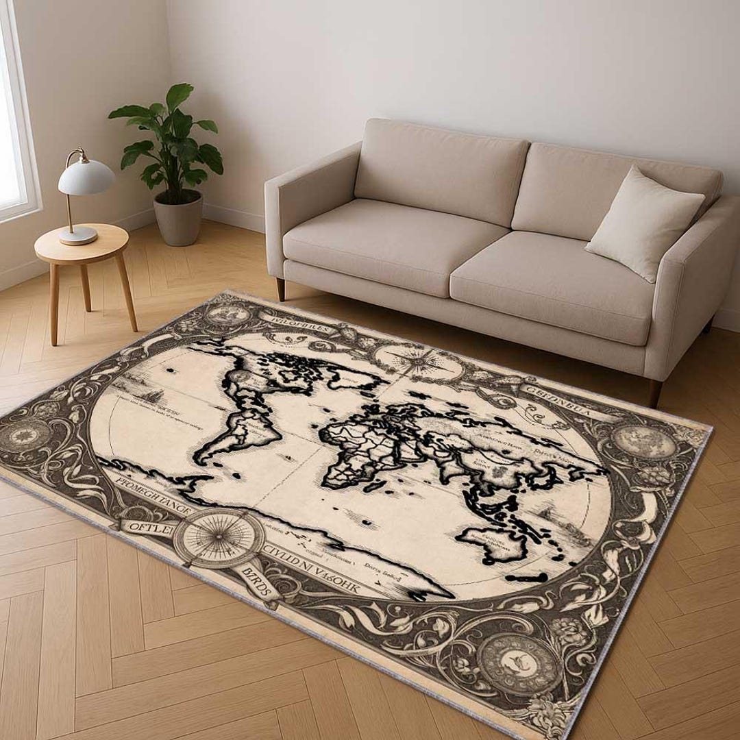 Vintage World Map Rug, Antique Style Cartography Carpet, Fantasy Old ...