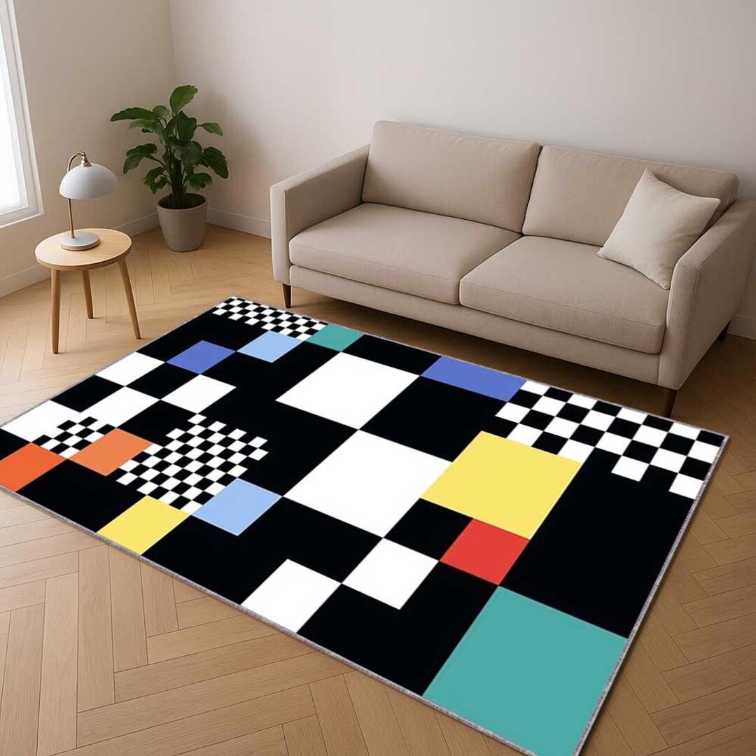 Modern Checkerboard Area Rug, Colorful Geometric Carpet, Retro ...