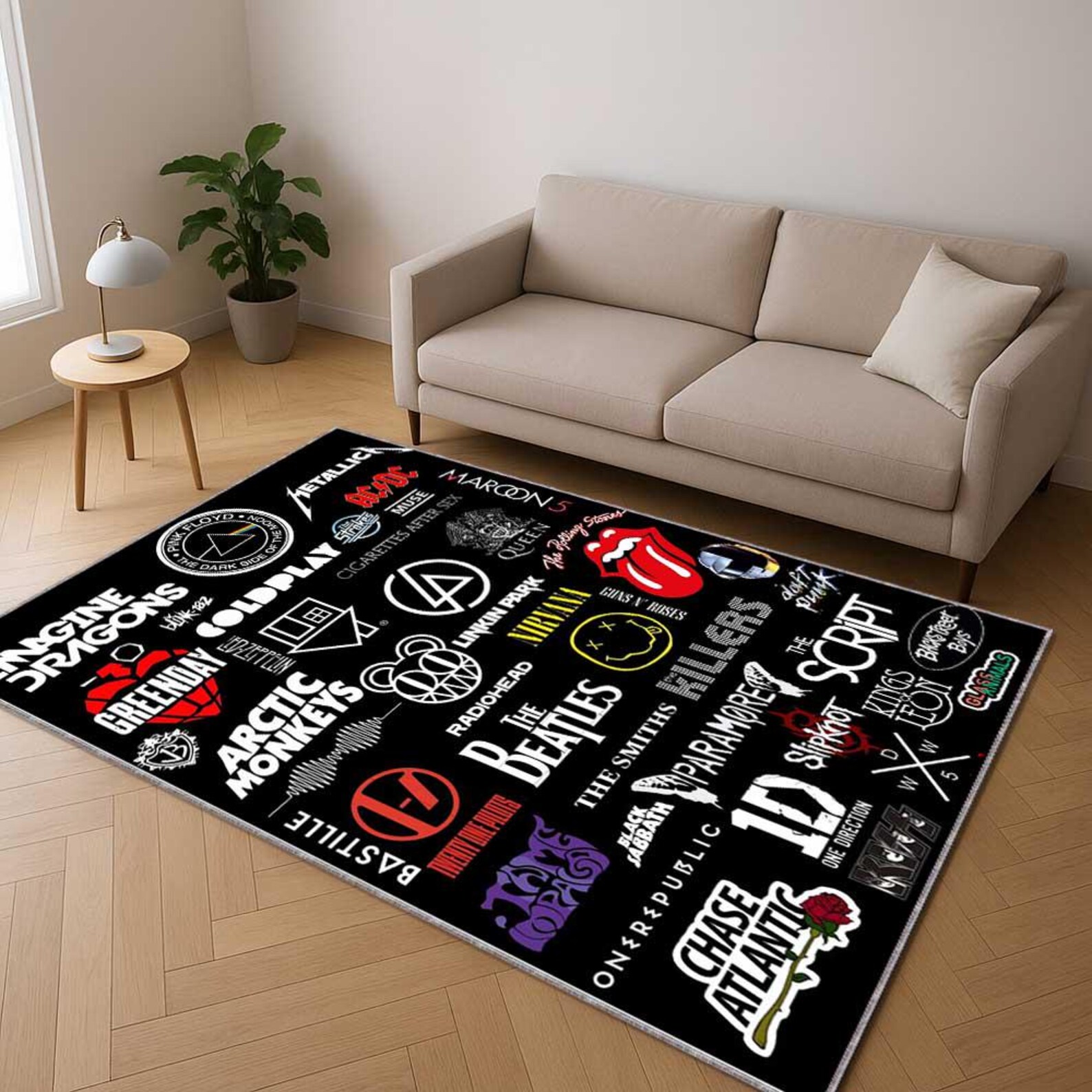 Rock Band Logos Area Rug, Music Band Carpet, Mancave Rock Decor Rug ...