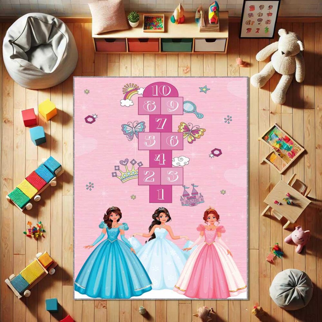 Princess Hopscotch Play Mat, Pink Girls Room Rug, Fairy Tale Castle ...