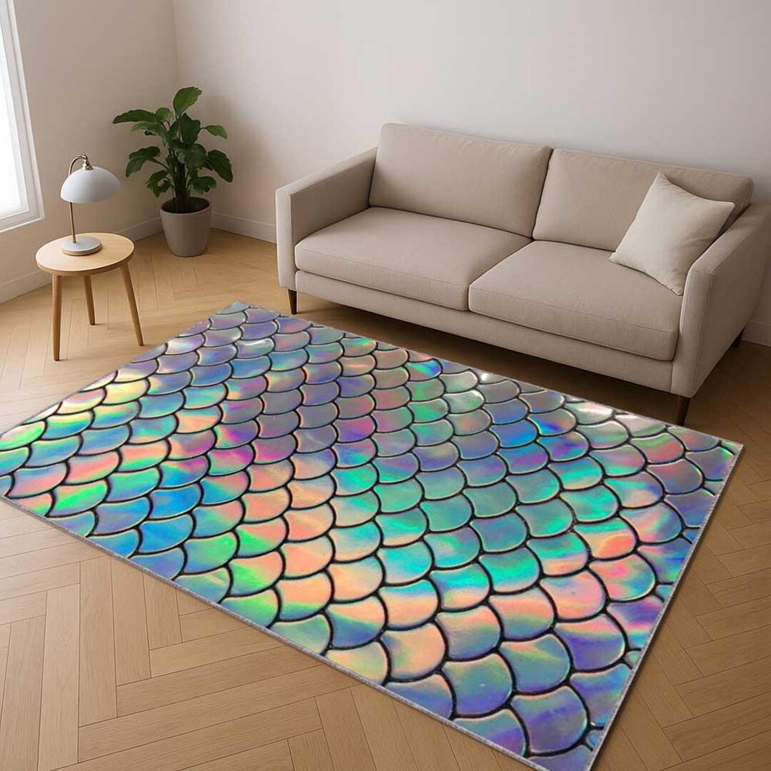 Holographic Mermaid Scales Rug, Iridescent Rainbow Area Rug, Kids Room ...