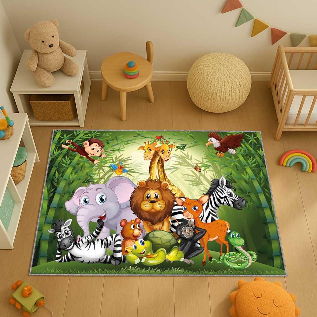 Zoo Animal Rug, Safari Jungle Carpet, Exotic Animals Kids Room Decor ...
